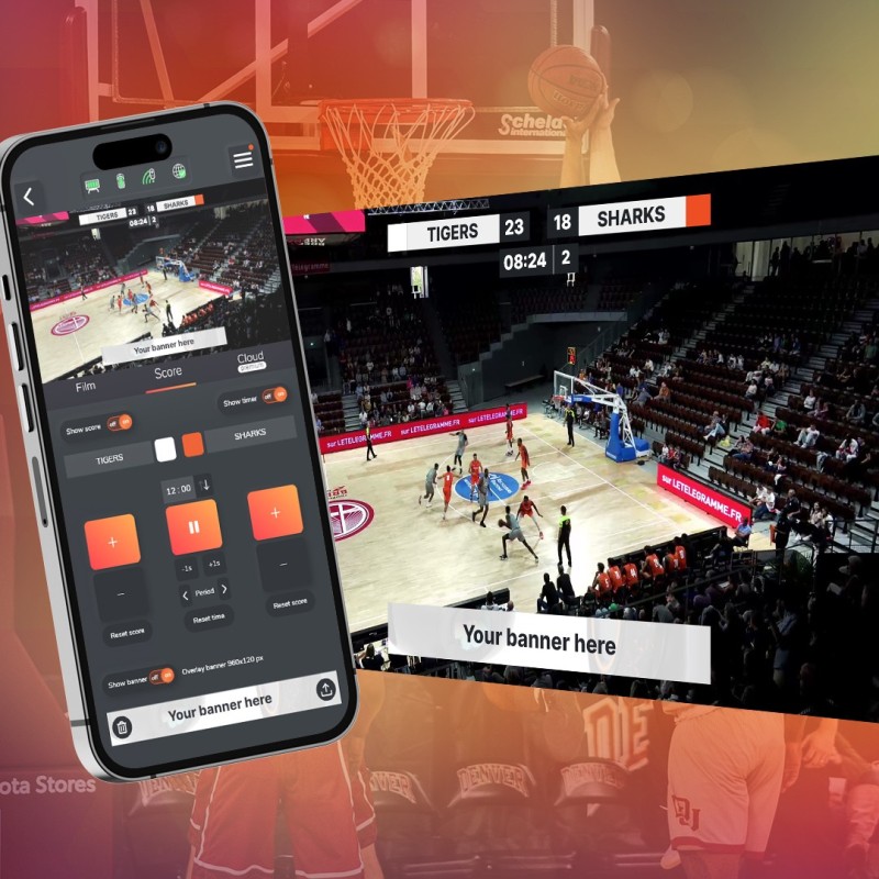 Add a sponsor or logo banner, the score, and the game time to your ...